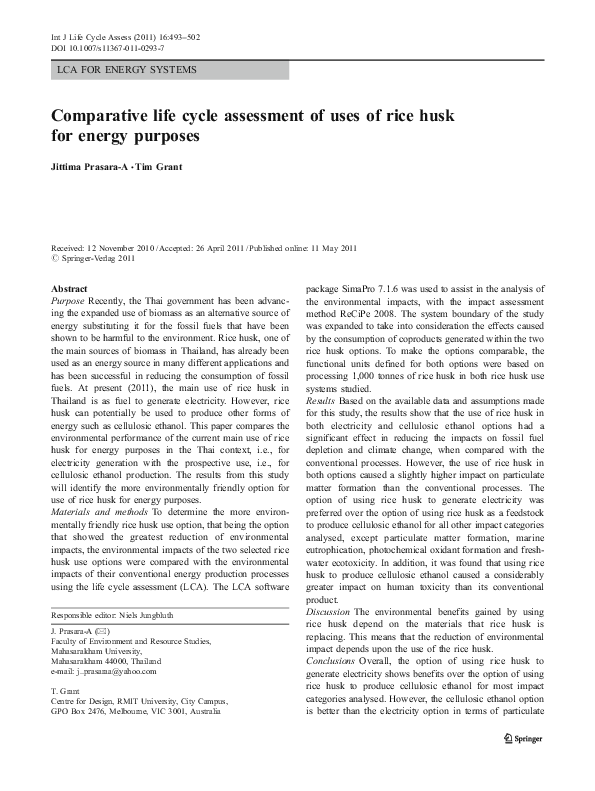 (PDF) Comparative life cycle assessment of uses of rice husk for energy ...