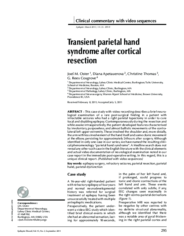 (PDF) Transient parietal hand syndrome after cortical resection