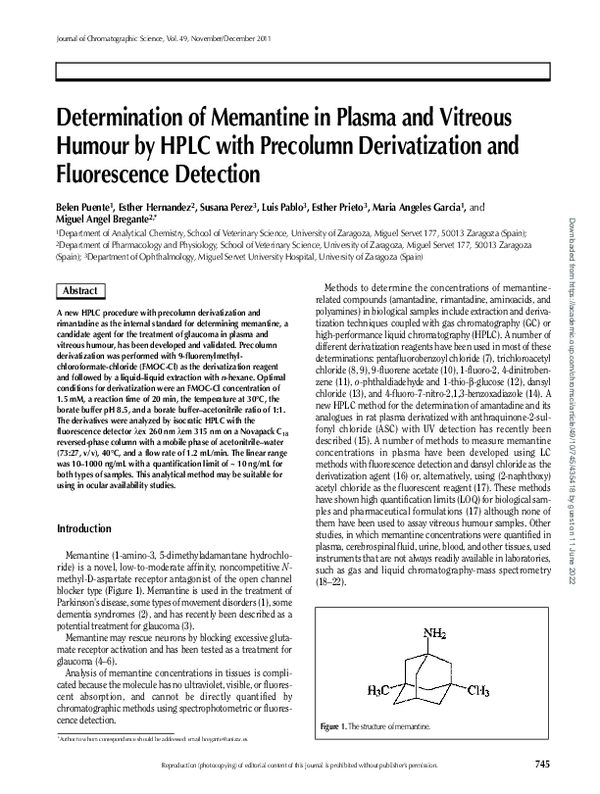(PDF) Determination of Memantine in Plasma and Vitreous Humour by HPLC ...
