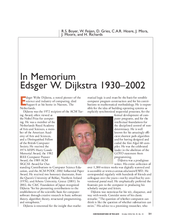 (PDF) In memoriam: Edsger W. Dijkstra 1930--2002 | David Gries ...