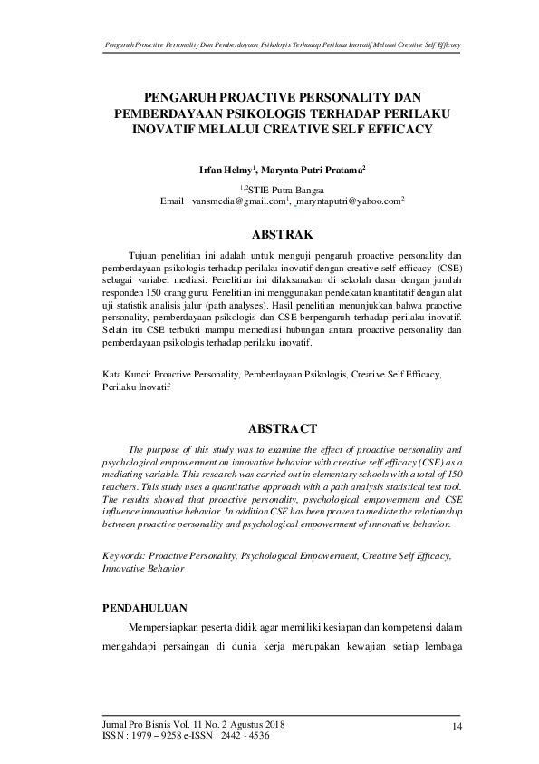 (PDF) Pengaruh Proactive Personality Dan Pemberdayaan Psikologis Terhadap Perilaku Inovatif ...