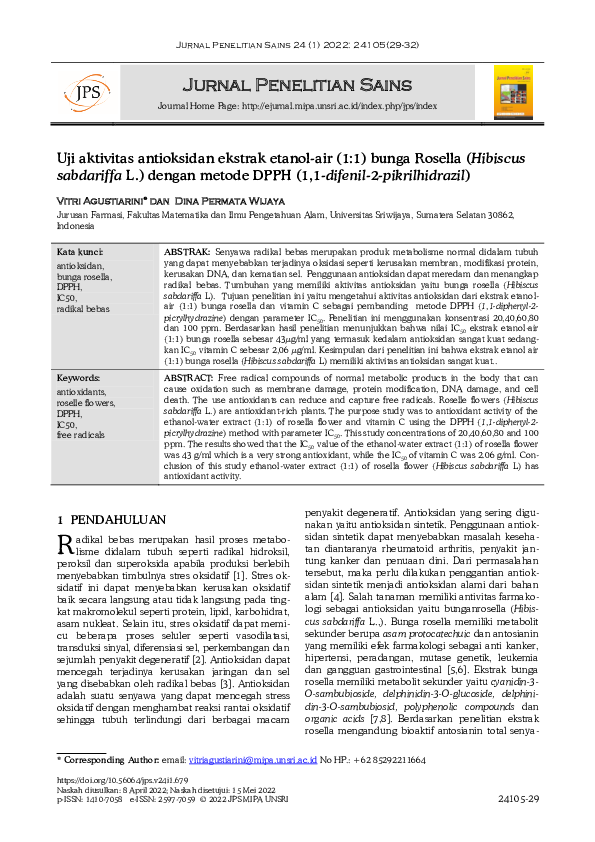 (PDF) Uji Aktivitas Antioksidan Ekstrak Etanol-Air (1:1) Bunga Rosella ...