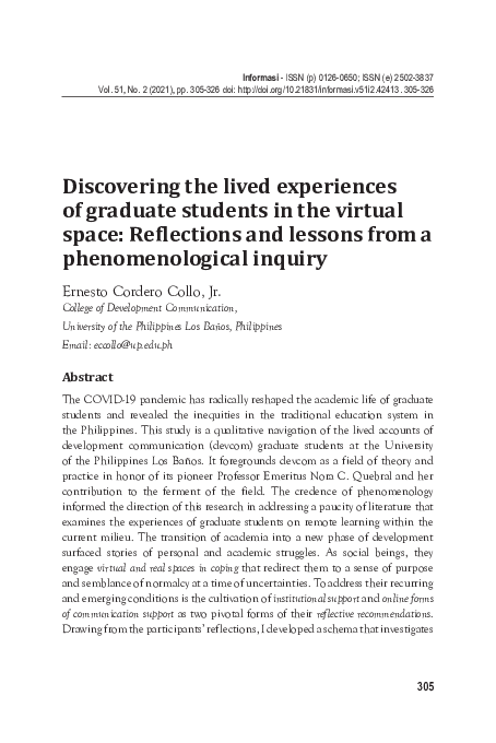 (PDF) Discovering the lived experiences of graduate students in the virtual space: Reflections ...
