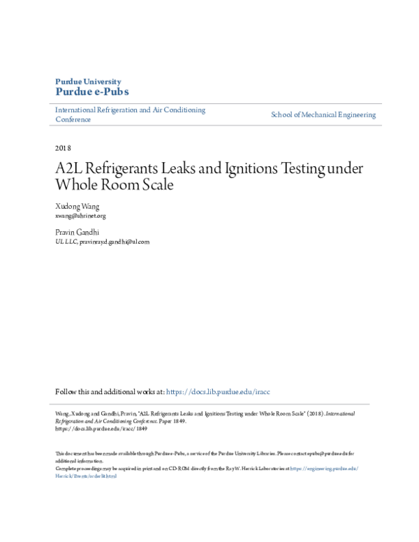 (PDF) A2L Refrigerants Leaks and Ignitions Testing under Whole Room Scale