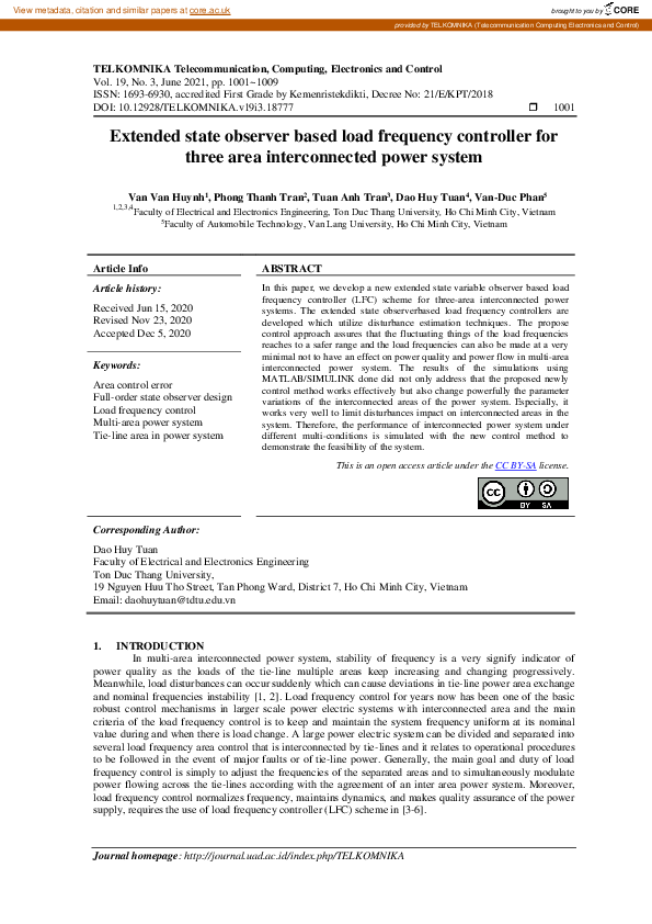 (PDF) Extended state observer based load frequency controller for three area interconnected ...