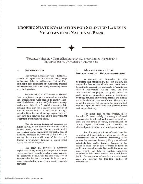(PDF) Trophic State Evaluation for Selected Lakes in Yellowstone ...
