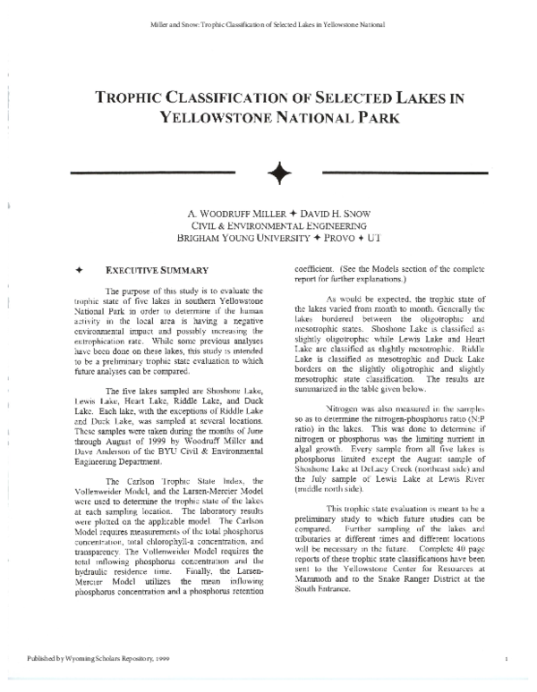 (PDF) Trophic State of Lakes in Yellowstone National Park