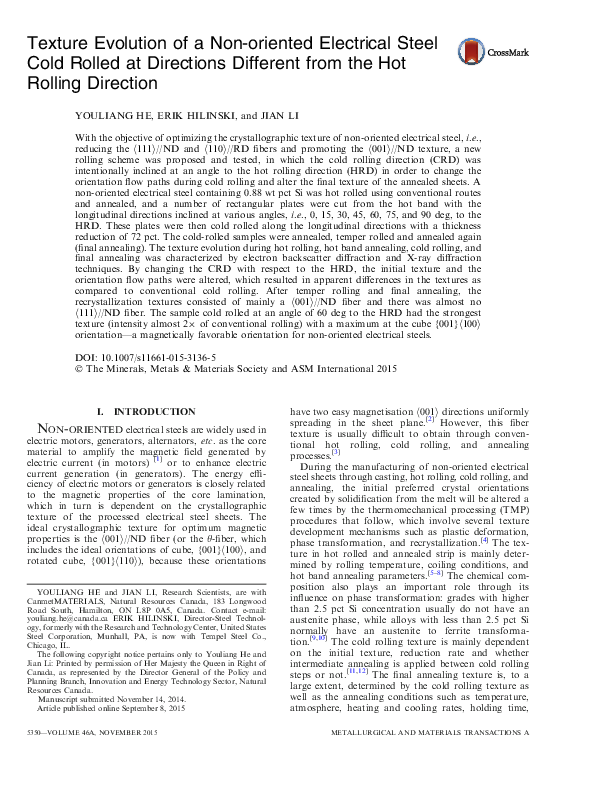 (PDF) Texture Evolution of a Non-oriented Electrical Steel Cold Rolled at Directions Different ...