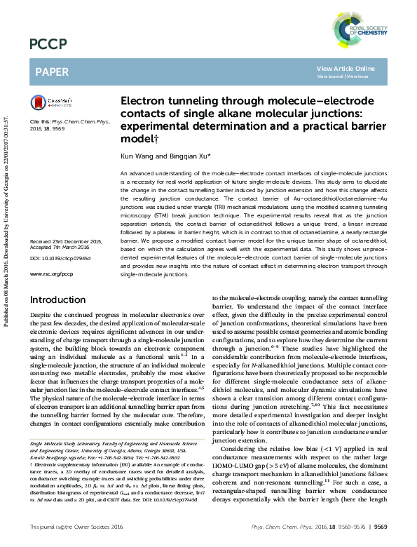 (PDF) Electron tunneling through molecule-electrode contacts of single alkane molecular ...