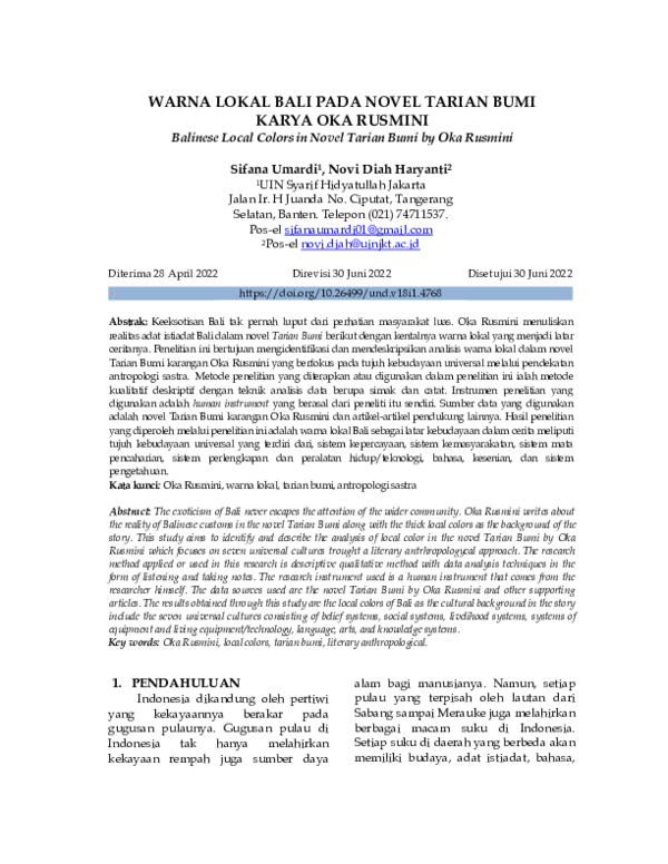 (PDF) Warna Lokal Bali pada Novel Tarian Bumi Karya Oka Rusmini