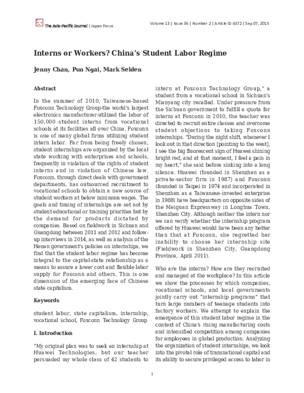 (PDF) Interns or workers? China’s student labor regime