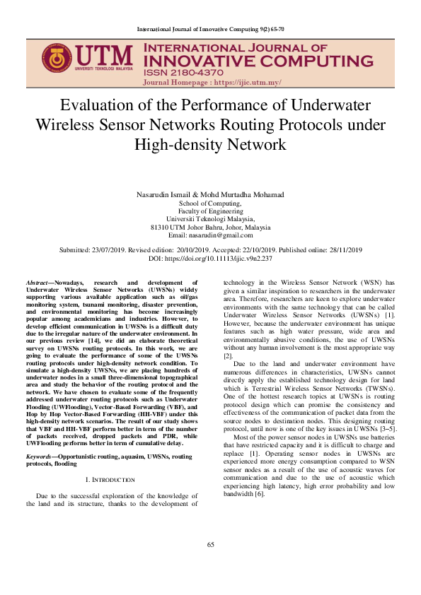 Pdf Evaluation Of The Performance Of Underwater Wireless Sensor Networks Routing Protocols