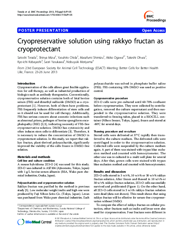 (PDF) Cryopreservative solution using rakkyo fructan as cryoprotectant
