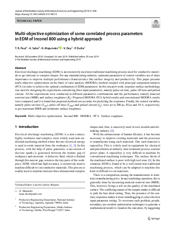 Pdf Multi Objective Optimization Of Some Correlated Process Parameters In Edm Of Inconel 800