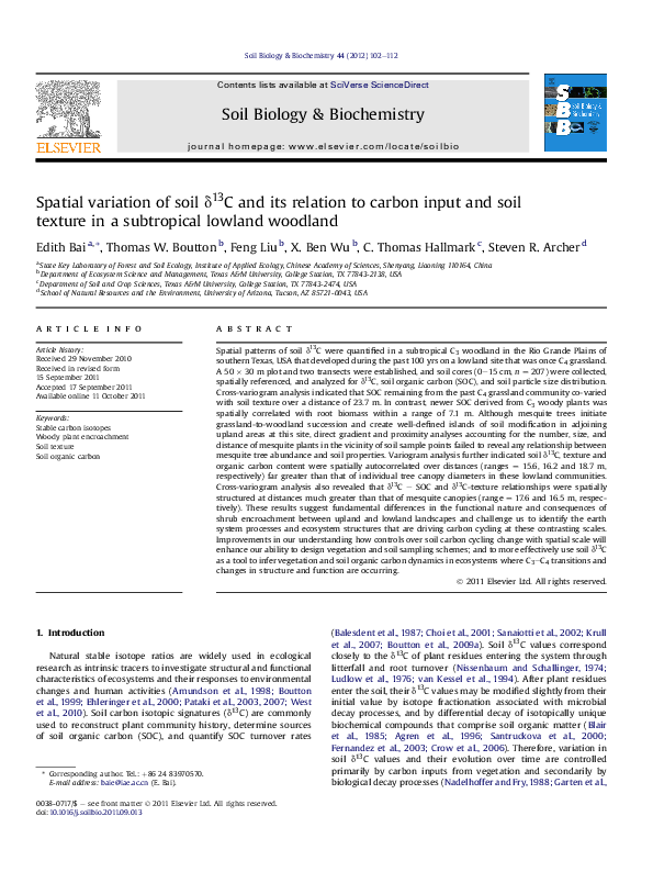 (PDF) Spatial variation of soil δ13C and its relation to carbon input and soil texture in a ...