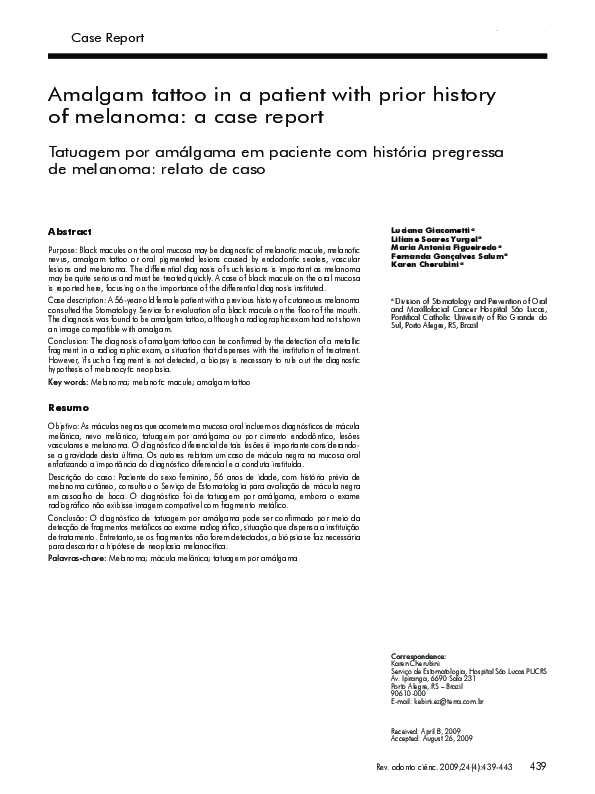(PDF) Amalgam tattoo in a patient with prior history of melanoma: a case report; Tatuagem por ...