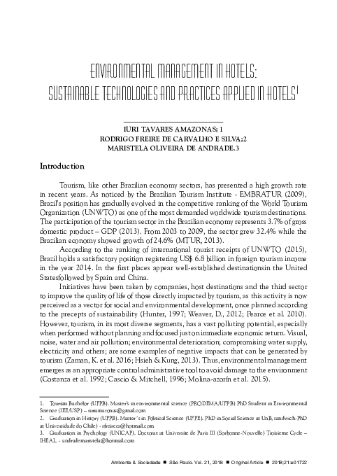 (PDF) ENVIRONMENTAL MANAGEMENT IN HOTELS: SUSTAINABLE TECHNOLOGIES AND ...
