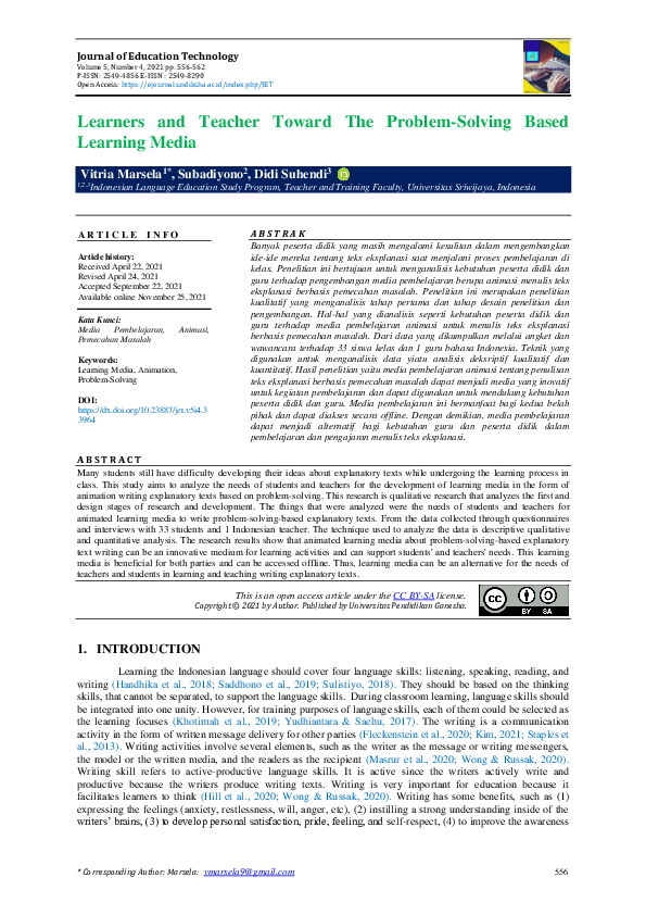 (PDF) Learners and Teacher Toward The Problem-Solving Based Learning Media