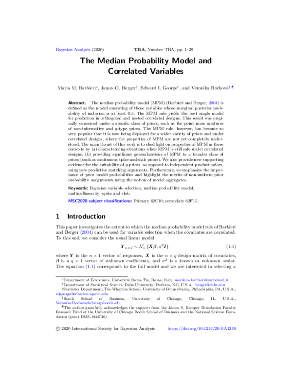 (PDF) The Median Probability Model and Correlated Variables