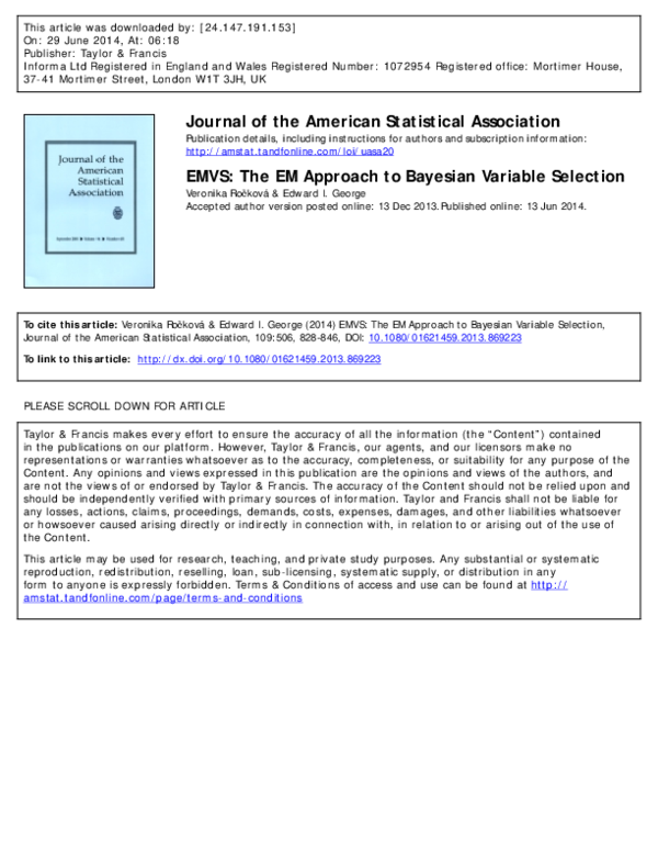 Pdf Emvs The Em Approach To Bayesian Variable Selection