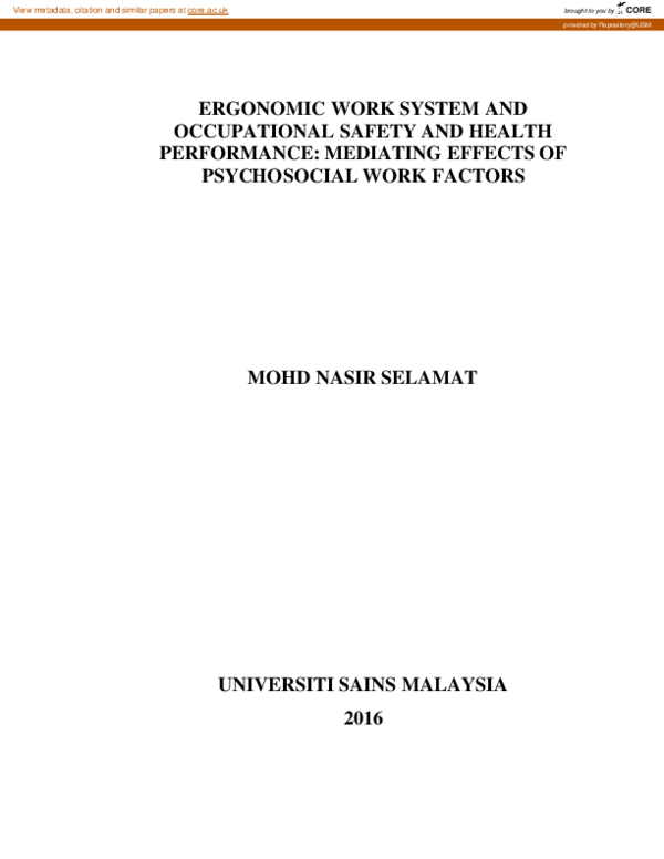 Pdf Ergonomic Work System And Occupational Safety And Health Performance Mediating Effects Of