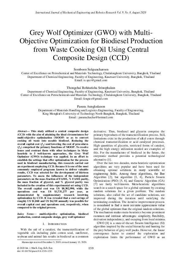 (PDF) Grey Wolf Optimizer (GWO) with Multi-Objective Optimization for Biodiesel Production from ...