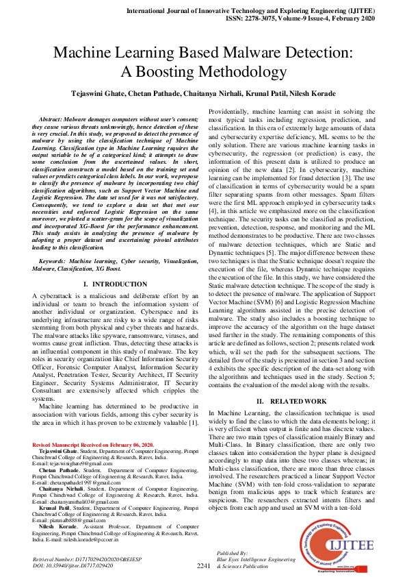 Pdf Machine Learning Based Malware Detection A Boosting Methodology 8234