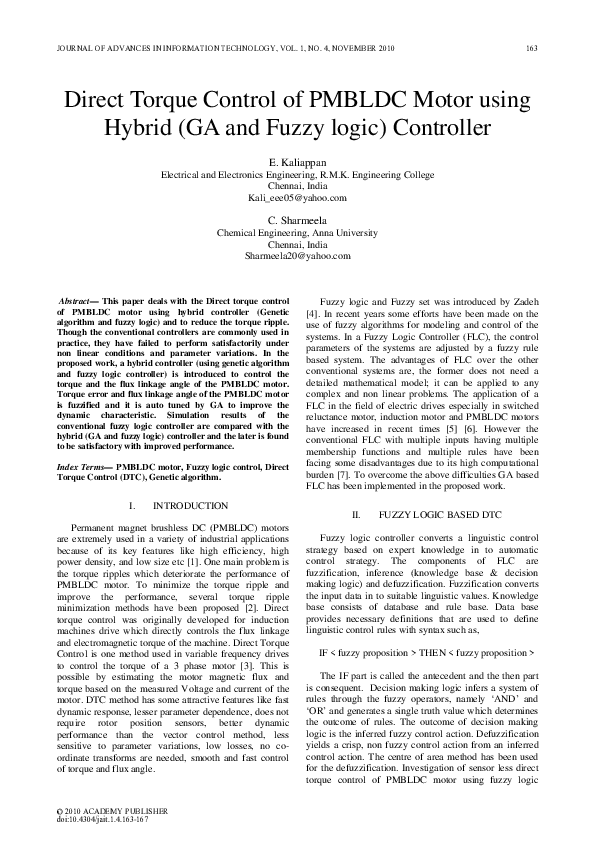 Pdf Direct Torque Control Of Pmbldc Motor Using Hybrid Ga And Fuzzy