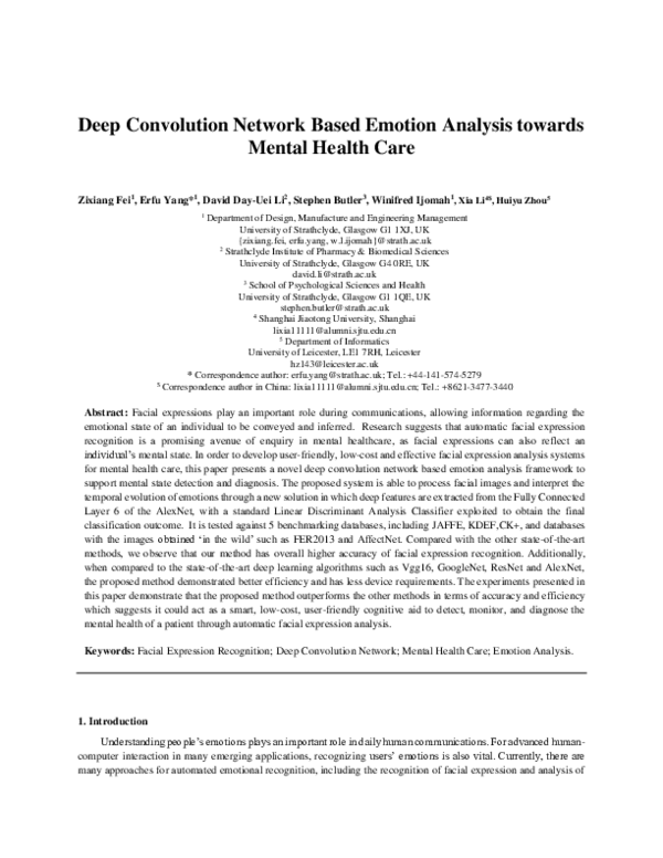 (PDF) Deep convolution network based emotion analysis towards mental health care