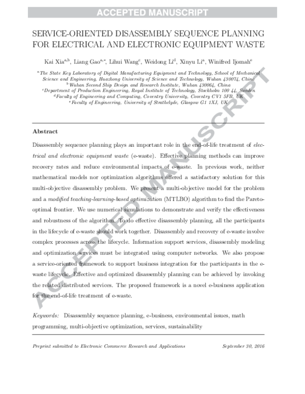 (PDF) Service-oriented disassembly sequence planning for electrical and electronic equipment waste
