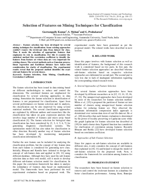 (PDF) Selection of Features on Mining Techniques for Classification | gurrampally kumar ...