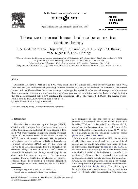 (PDF) Tolerance of normal human brain to boron neutron capture therapy