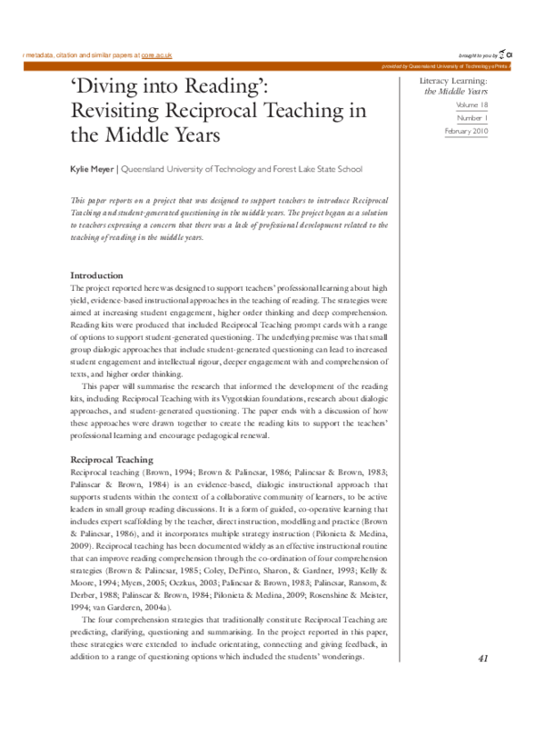 (PDF) Diving into reading : revisiting reciprocal teaching in the ...