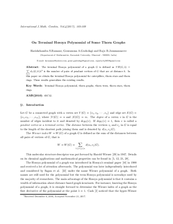 (PDF) On Terminal Hosoya Polynomial of Some Thorn Graphs