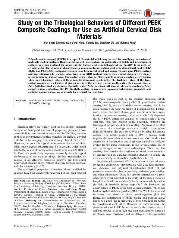 (PDF) Study on the Tribological Behaviors of Different PEEK Composite Coatings for Use as ...