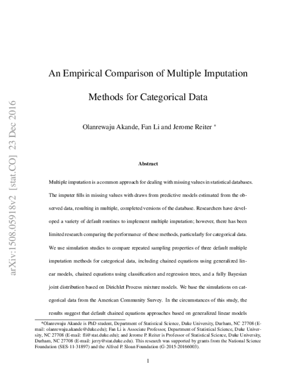 (PDF) An Empirical Comparison of Multiple Imputation Methods for Categorical Data | Olanrewaju ...