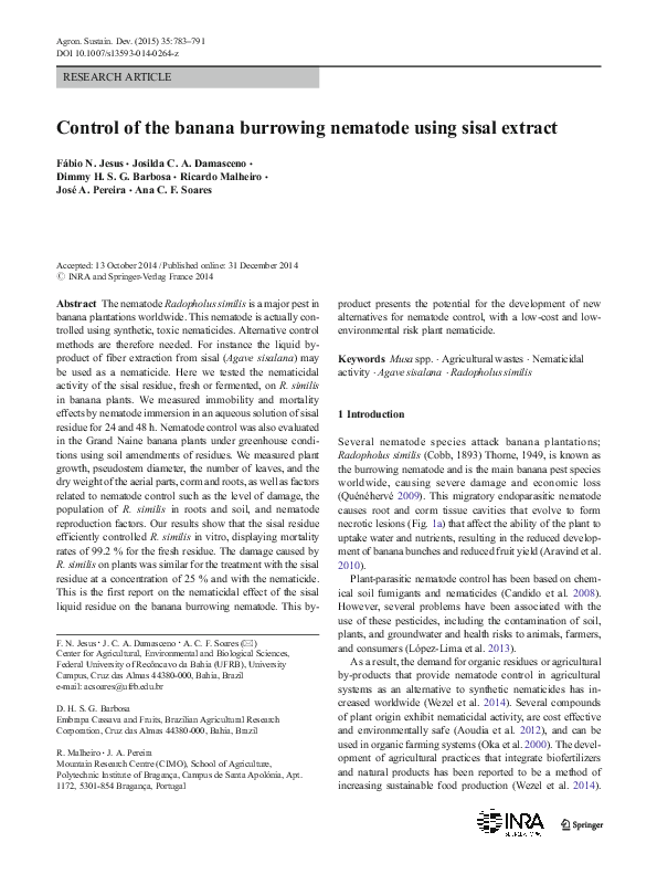(PDF) Control of the banana burrowing nematode using sisal extract