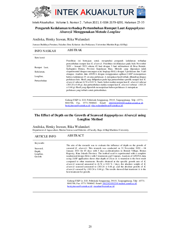 (PDF) Pengaruh Kedalaman terhadap Pertumbuhan Rumput Laut Kappaphycus ...