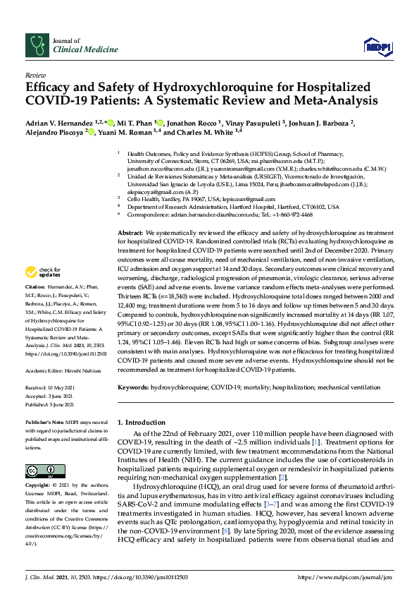 (PDF) Efficacy and Safety of Hydroxychloroquine for Hospitalized COVID-19 Patients: A Systematic ...