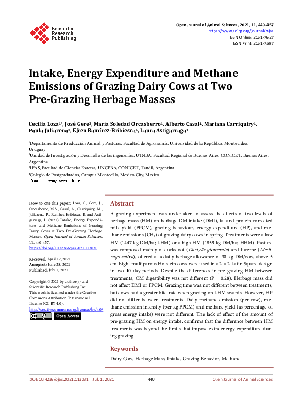 (PDF) Intake, Energy Expenditure and Methane Emissions of Grazing Dairy ...