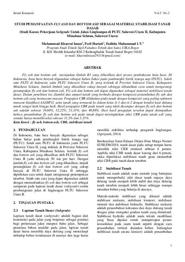 (PDF) STUDI PEMANFAATAN FLY ASH DAN BOTTOM ASH SEBAGAI MATERIAL STABILISASI TANAH DASAR (Studi ...