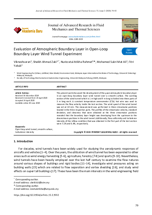 Pdf Evaluation Of Atmospheric Boundary Layer In Open Loop Boundary Layer Wind Tunnel Experiment