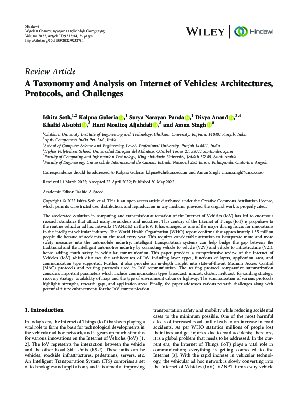 (PDF) A Taxonomy and Analysis on Internet of Vehicles: Architectures, Protocols, and Challenges