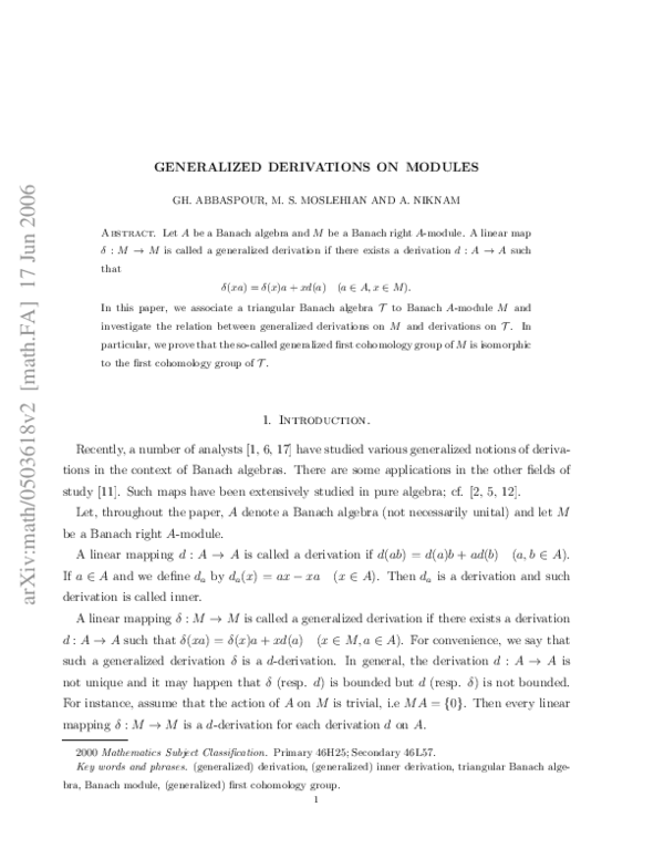 (PDF) Generalized derivations on modules