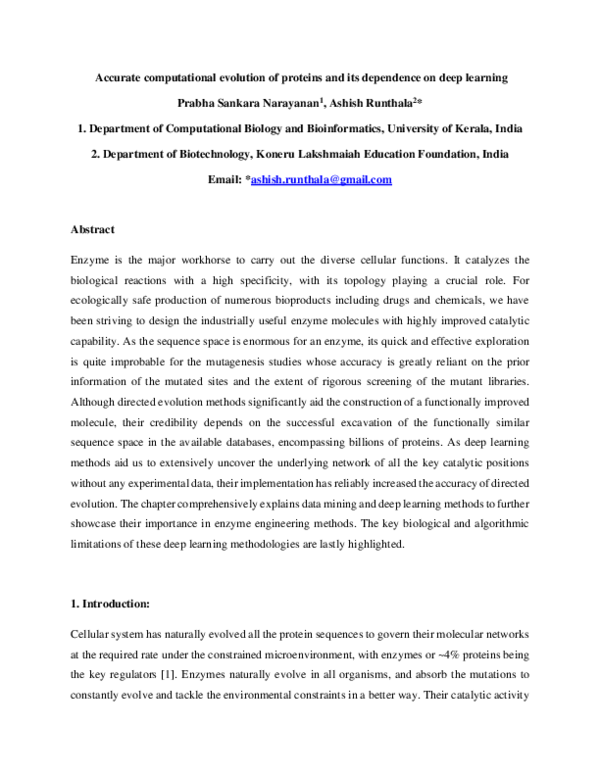(PDF) Accurate computational evolution of proteins and its dependence on deep learning and ...