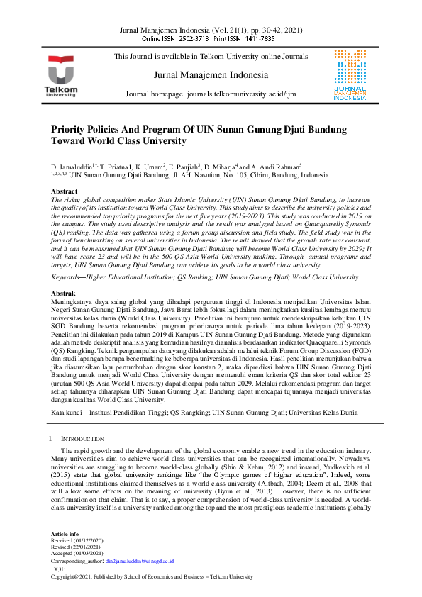 (PDF) Priority Policies And Program Of UIN Sunan Gunung Djati Bandung Toward World Class University