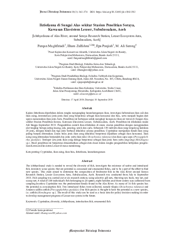 (PDF) Ichthyofauna of Alas River, around Soraya Research Station ...