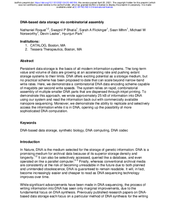 (PDF) DNA-based data storage via combinatorial assembly
