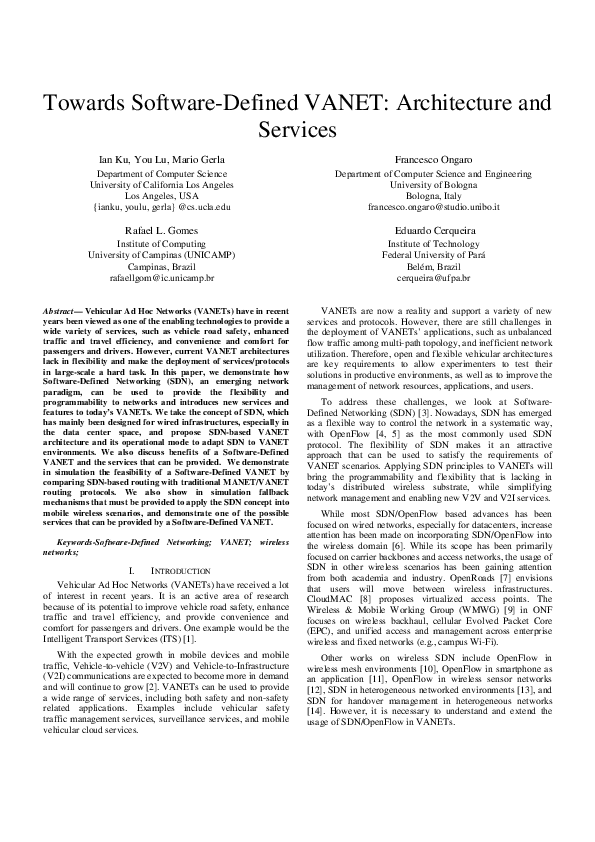 (PDF) Towards software-defined VANET: Architecture and services