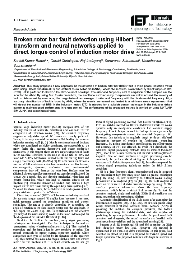 Pdf Broken Rotor Bar Fault Detection Using Hilbert Transform And Neural Networks Applied To